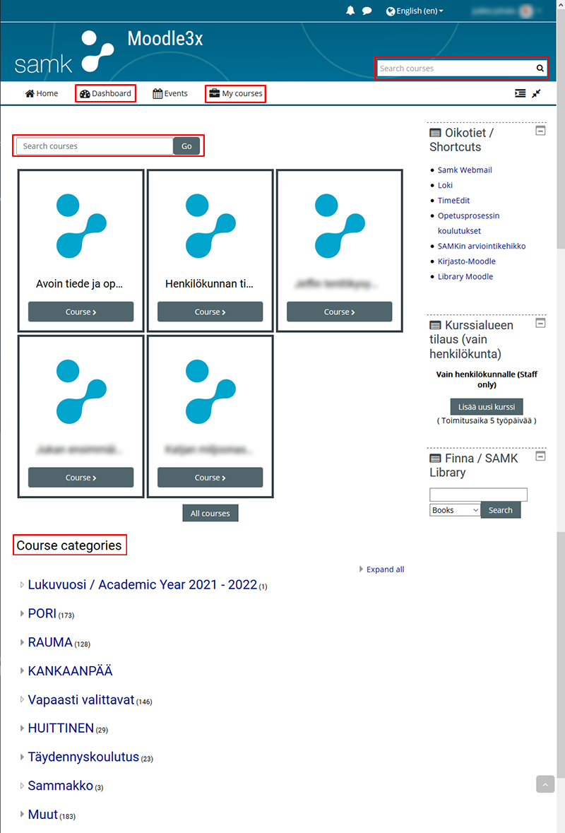 Moodle > Student > Course search – Guides in English