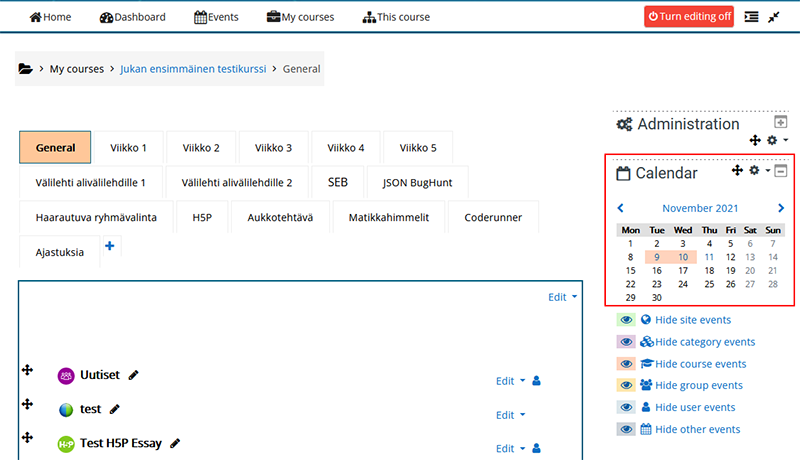 Moodle > Teacher > Blocks > Calendar – Guides in English