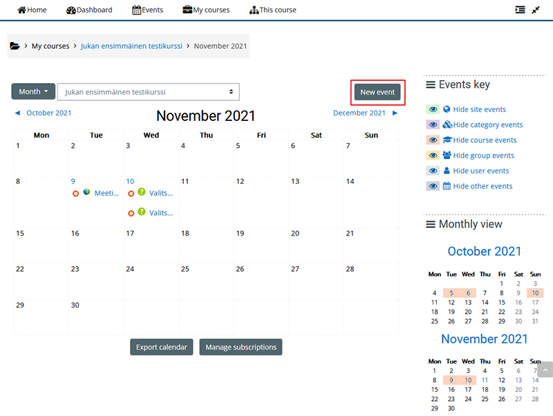 Moodle > Teacher > Blocks > Calendar – Guides in English