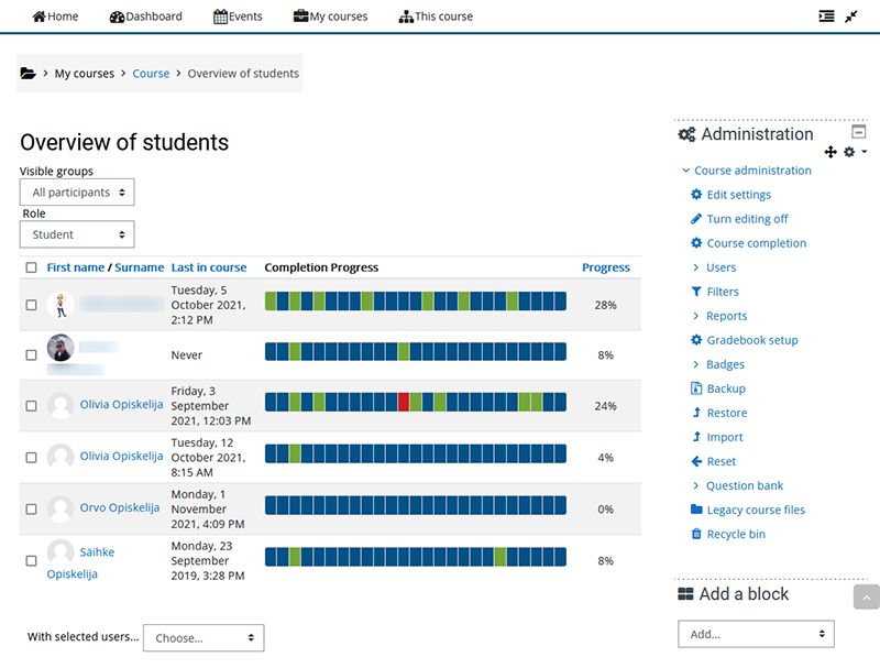 Moodle > Teacher > Blocks > Progress Monitoring – Guides in English
