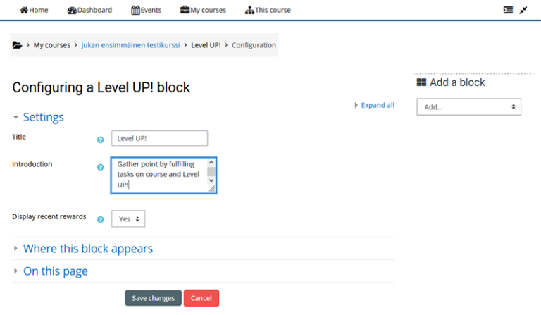Moodle > Teacher > Blocks > Level UP – Guides in English