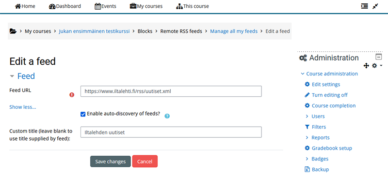 Moodle > Teacher > Blocks > RSS Feeds – Guides in English