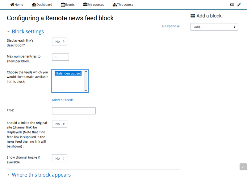Moodle > Teacher > Blocks > RSS Feeds – Guides in English