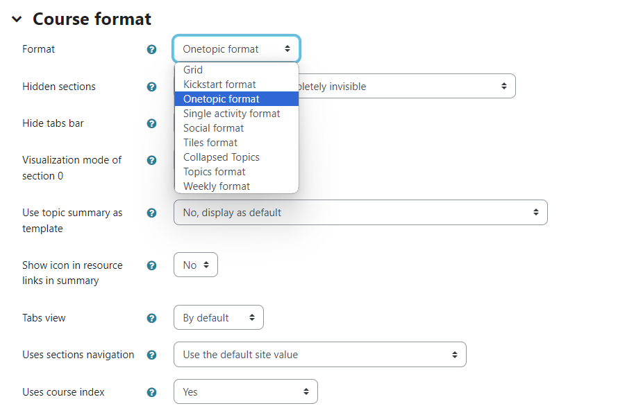 Moodle > Teacher > Course > Course Formats – Guides in English